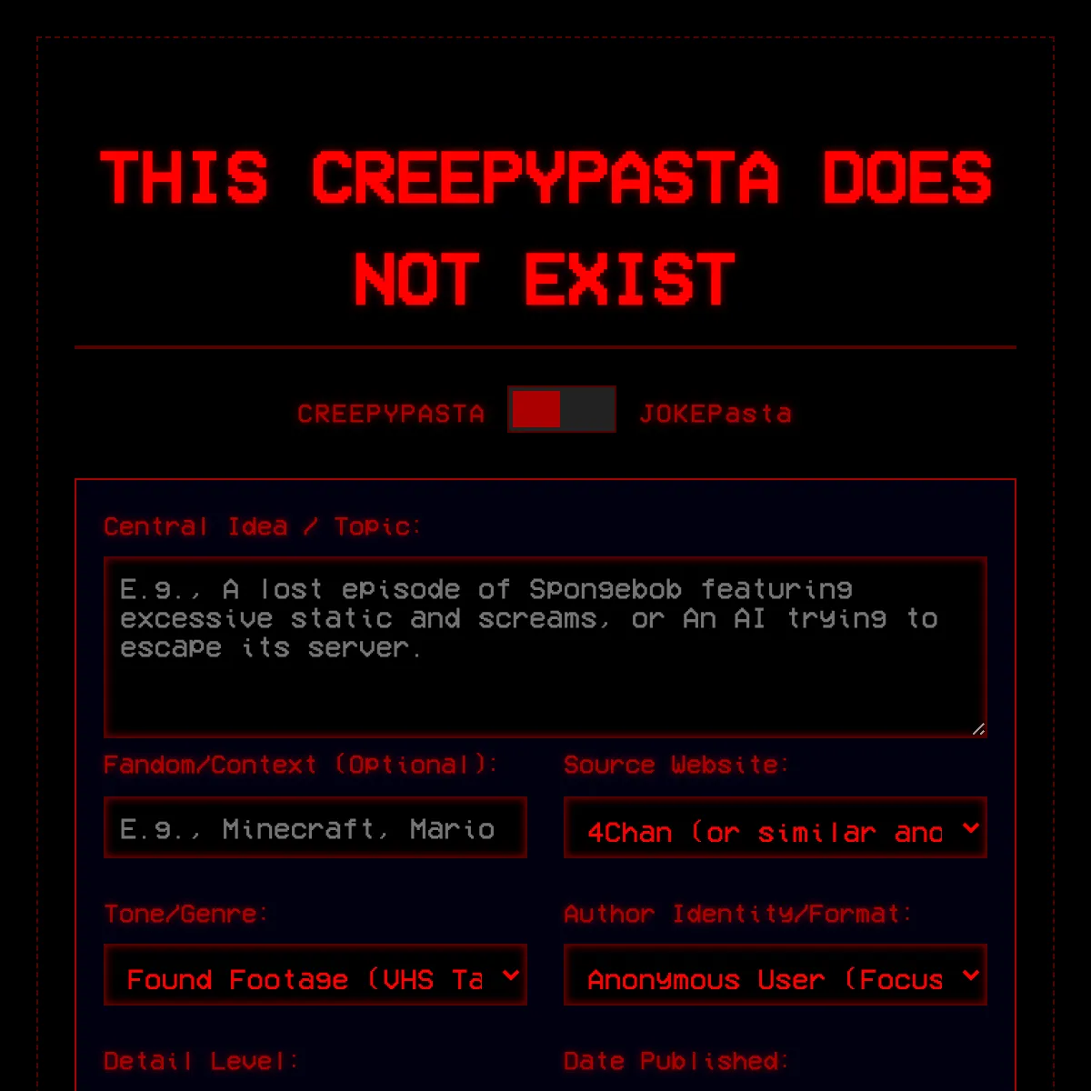 Non-existent creepypastas Generator