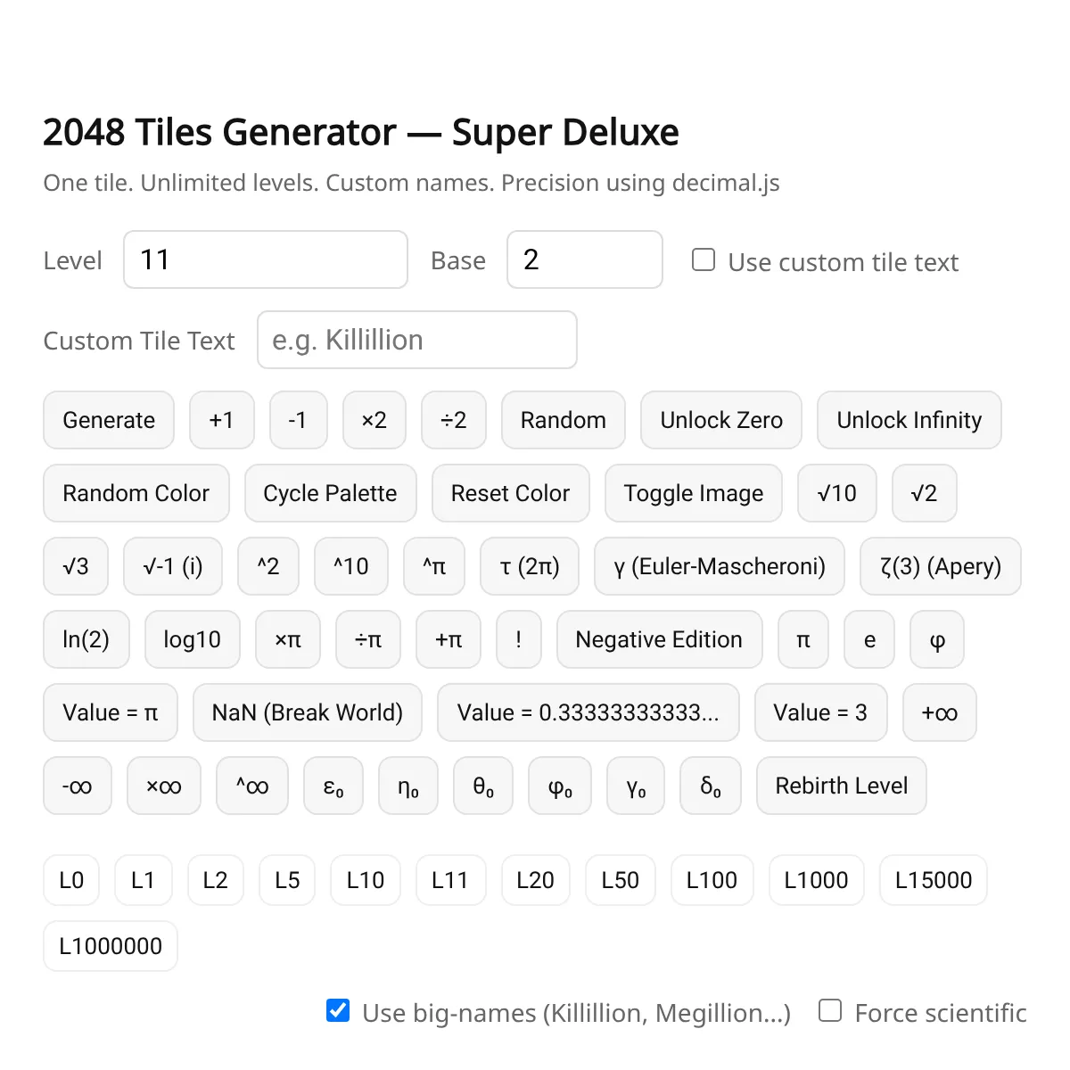 2048 Tiles Generator — Super times 2 Deluxe