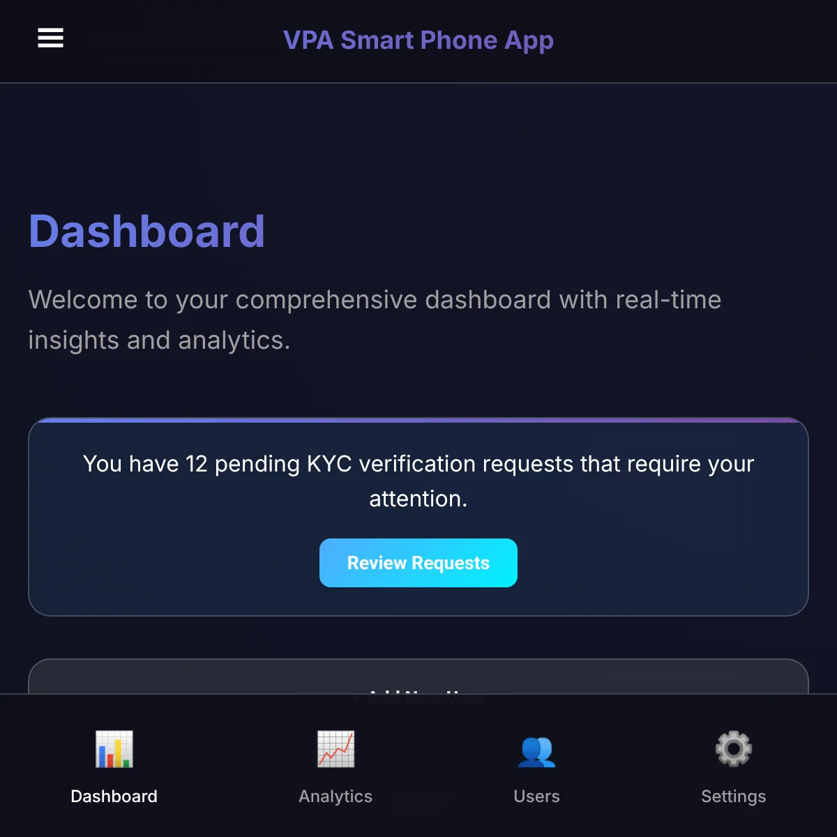 VPA Smart Phone App - Dashboard
