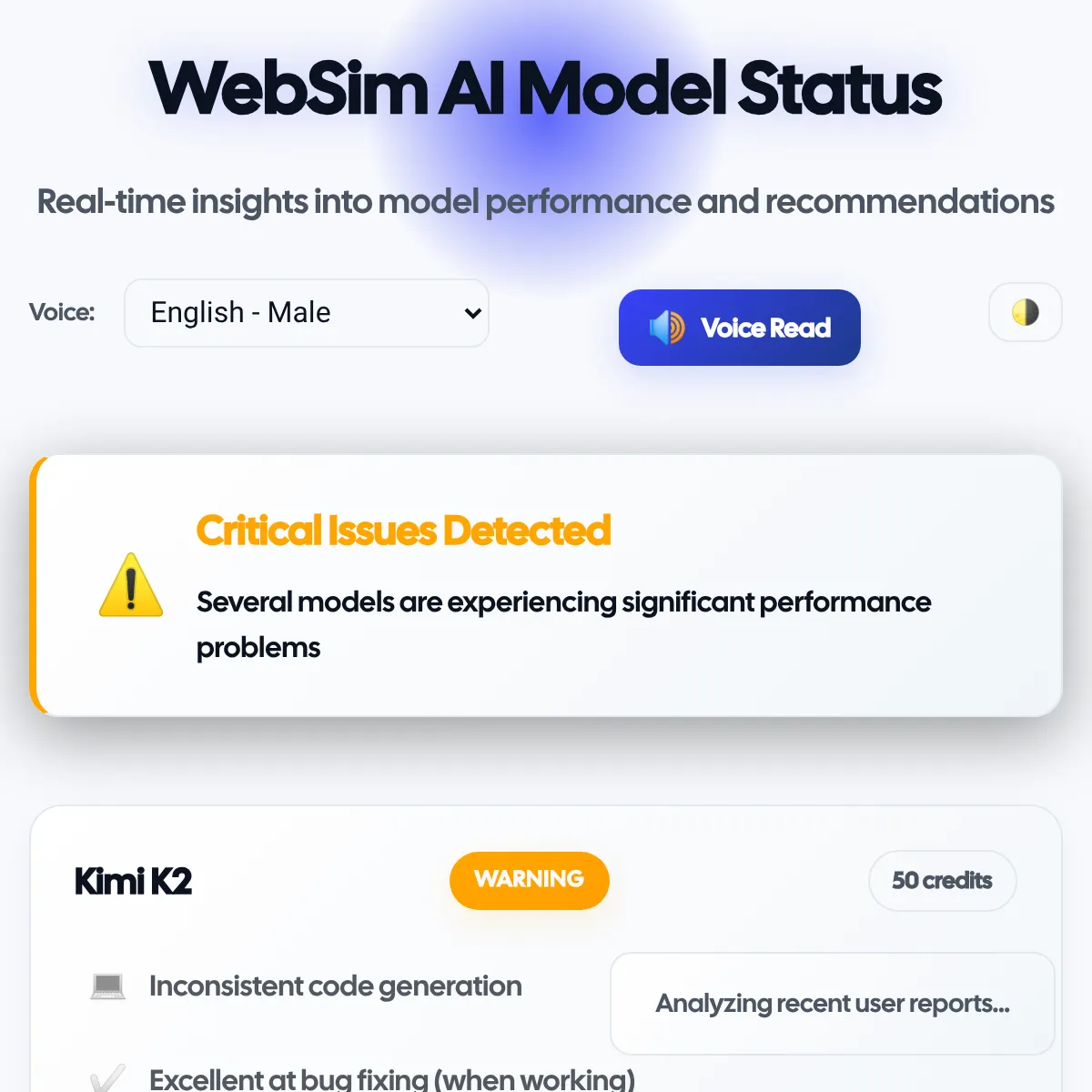 WebSim AI Model Status Dashboard